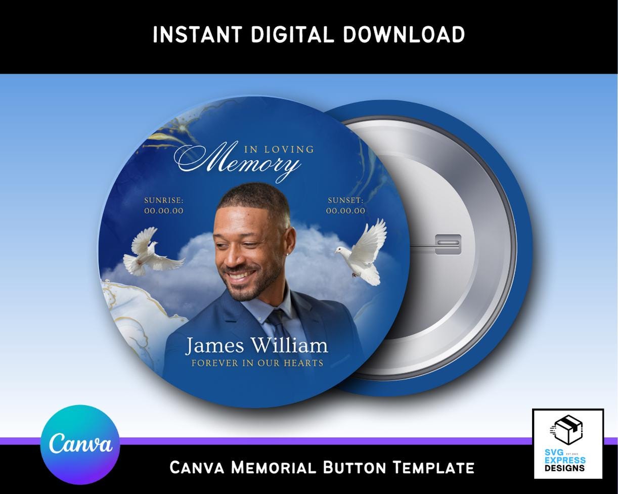 Editable Blue Marble Memorial Button Template | Canva RIP Keepsake ...