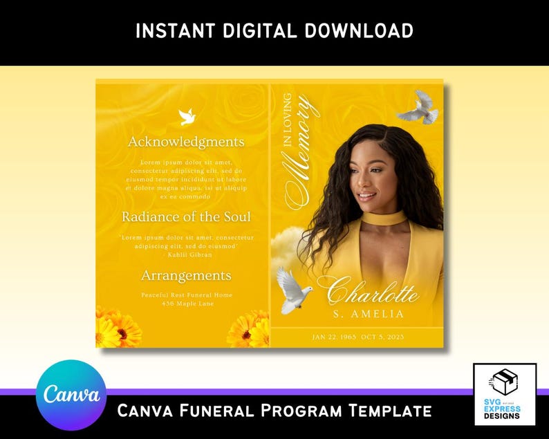 Bright Yellow Canva Funeral Program Template – Elegant Bi-fold Brochure ...
