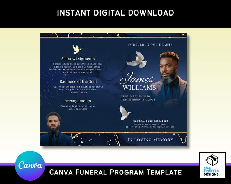 Navy Blue and Gold Roses Canva Funeral Program Template – Elegant Bi ...