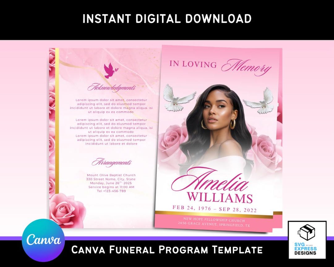 Pink Roses Funeral Program Template: Elegant Bi-fold Brochure (canva ...