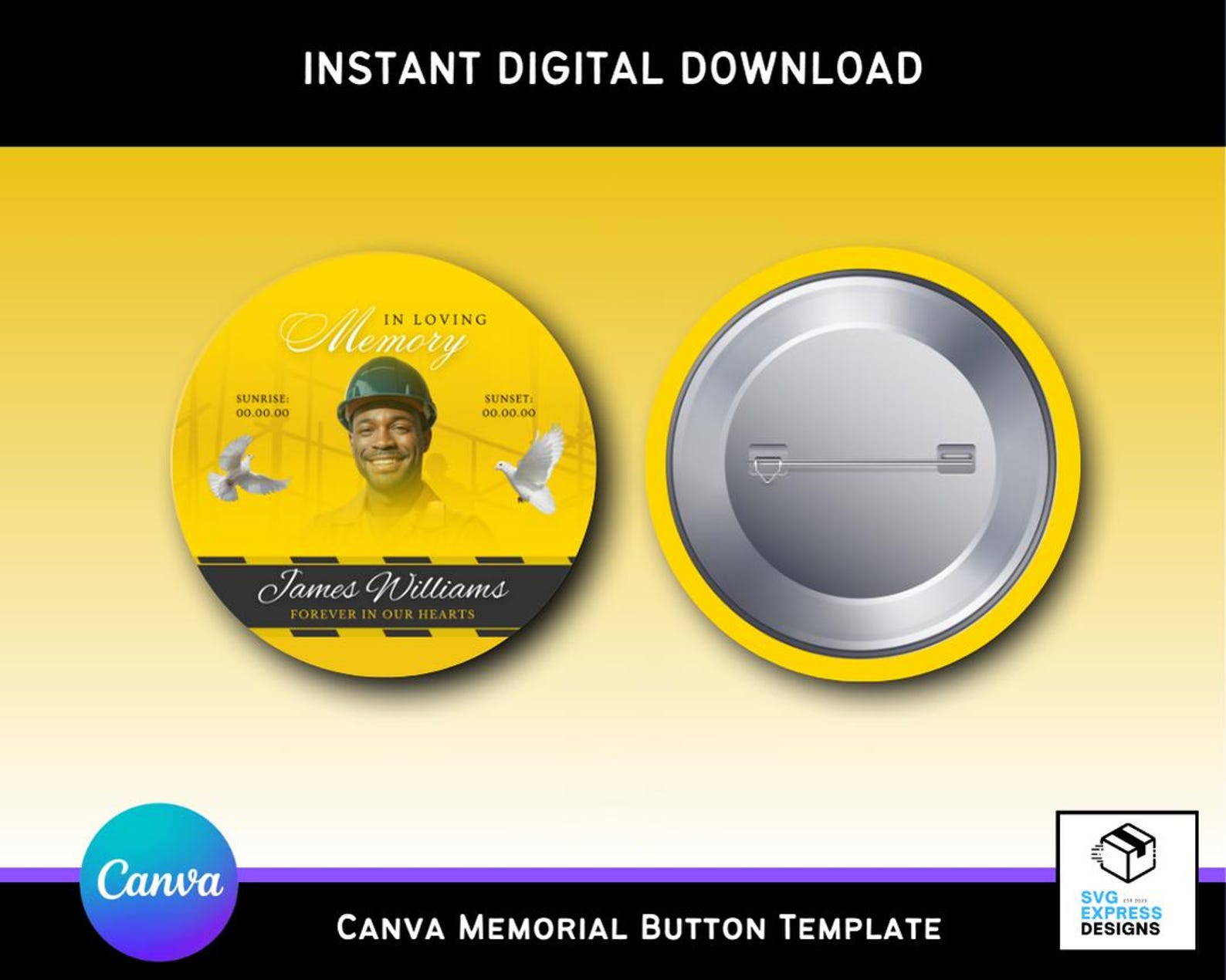 Editable Construction Worker Memorial Button Template | Canva RIP ...