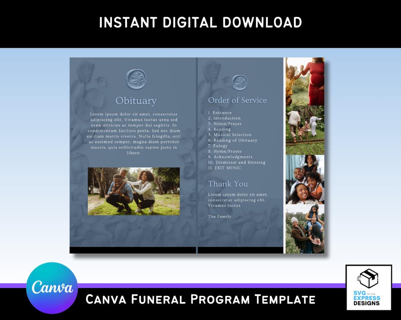Slate Gray Canva Funeral Program Template – Elegant Bi-fold Brochure ...
