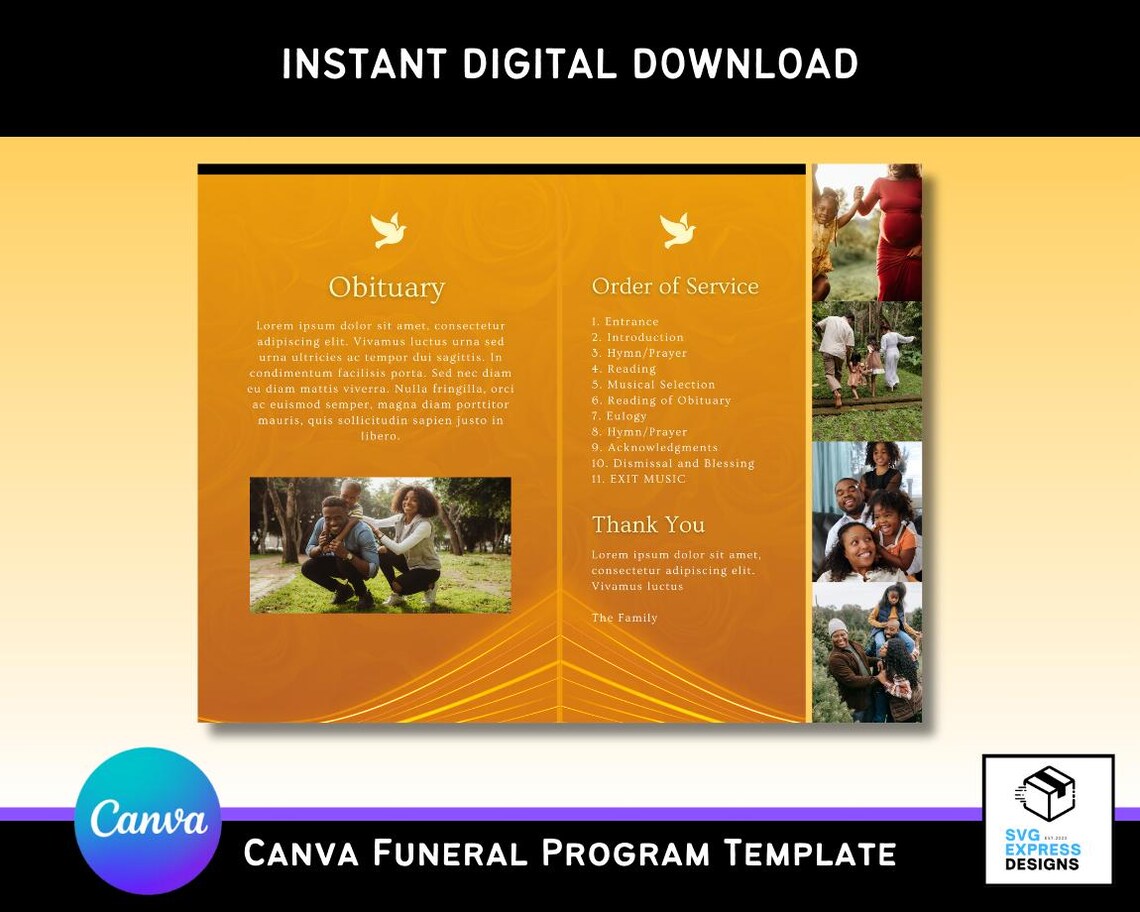 Bright Yellow-orange Canva Funeral Program Template – Elegant Bi-fold ...