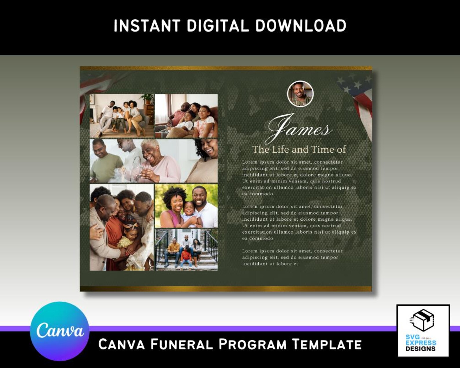 Green Camouflage Army Canva Funeral Program Template – Elegant Bi-fold ...