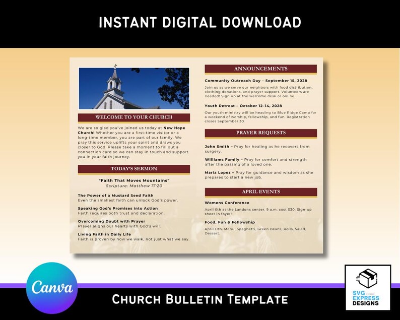 Editable Church Bulletin Template: Modern Red Brown & Gold Bifold ...