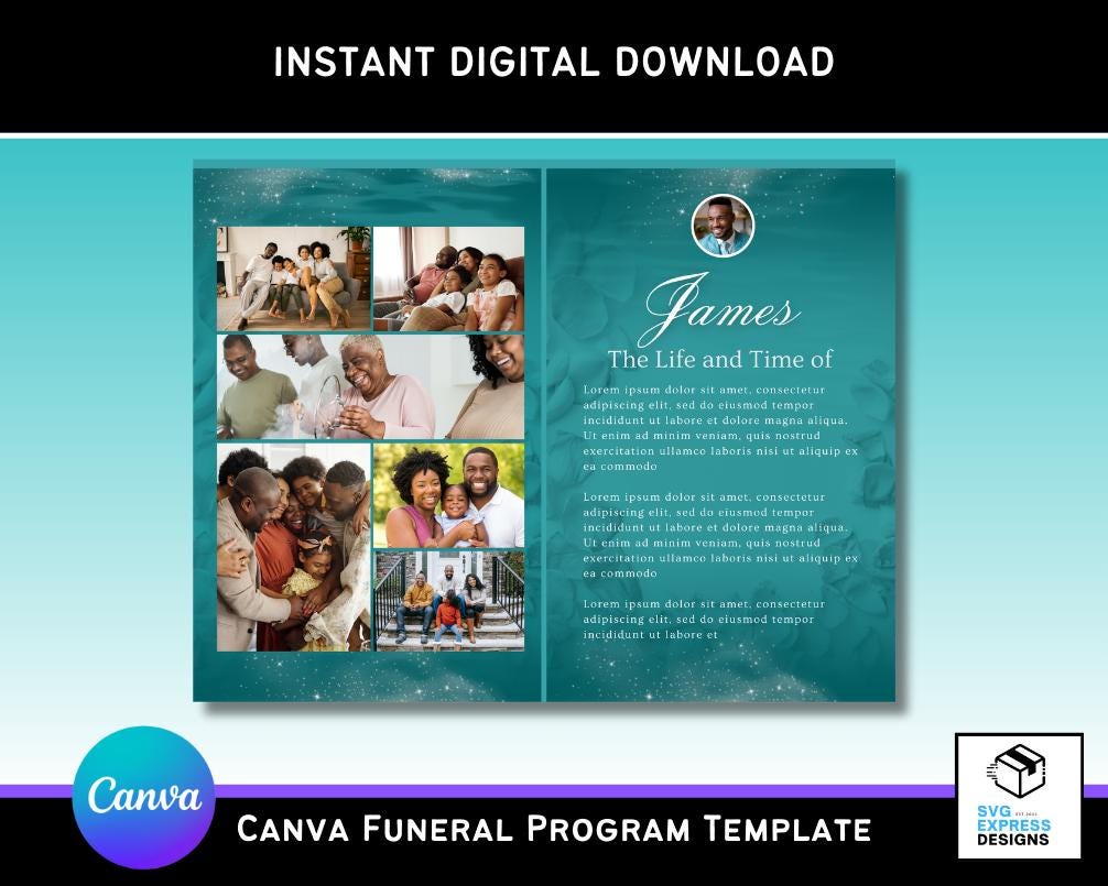 Turquoise Canva Funeral Program Template – Elegant Bi-fold Brochure ...