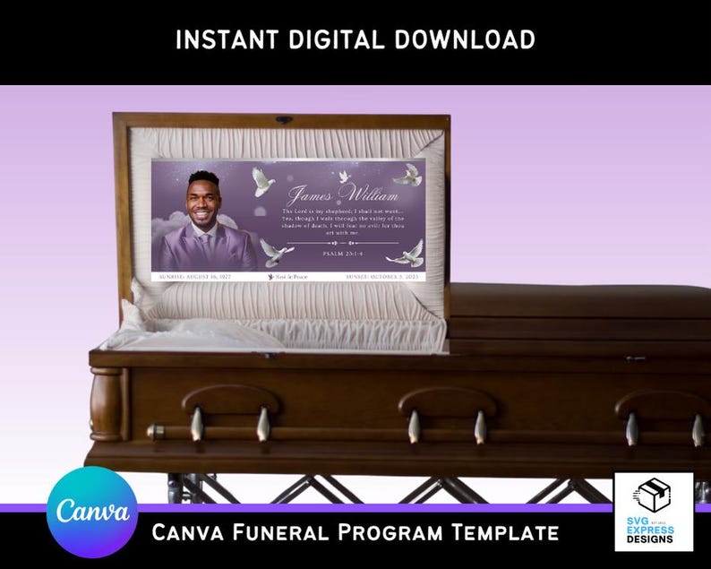 Purple and Silver Funeral Casket Panel Canva Template | 31x14 in ...