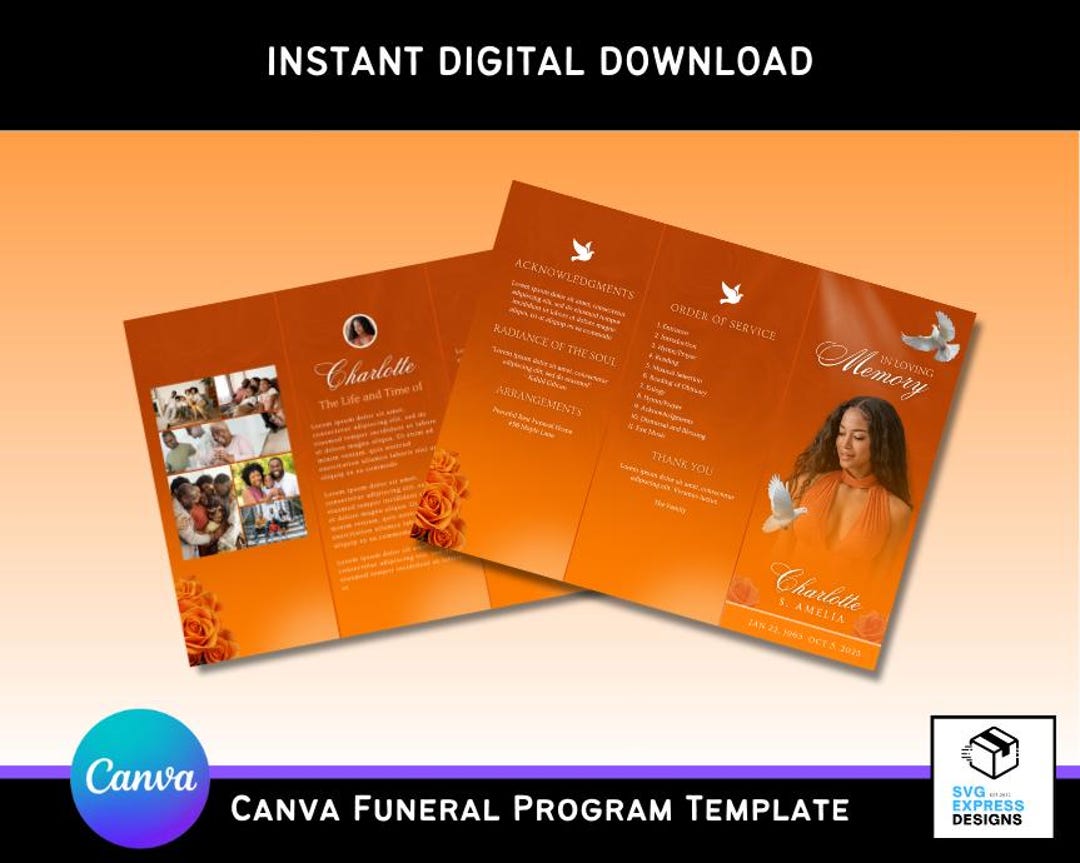 Orange Canva Funeral Program Template – Elegant Trifold Brochure (11x8 ...