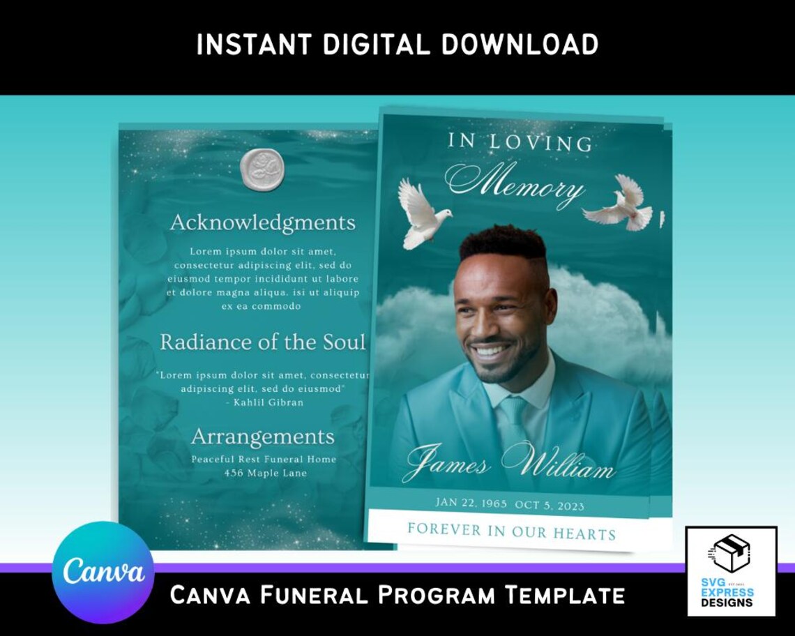 Turquoise Canva Funeral Program Template – Elegant Bi-fold Brochure ...
