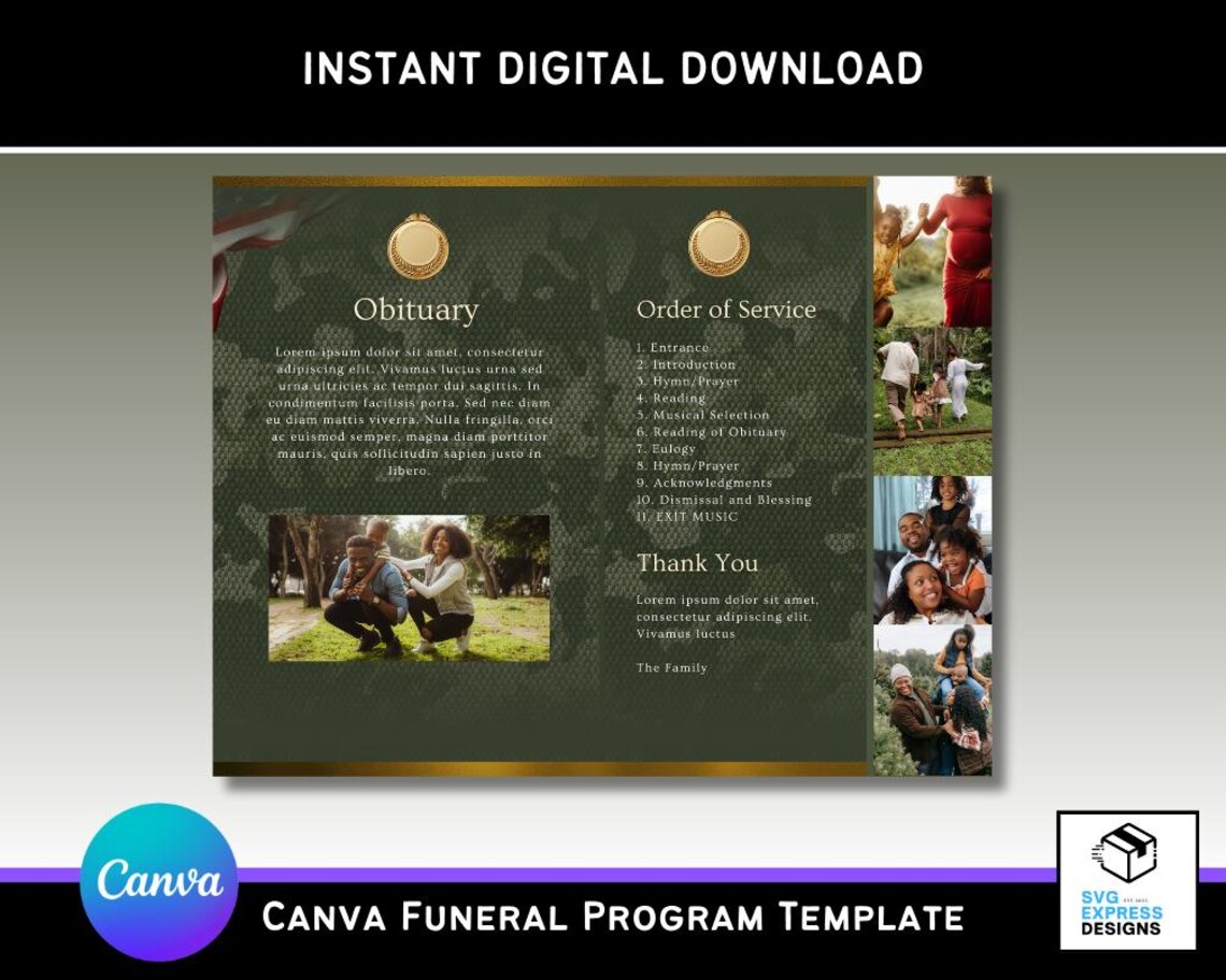 Green Camouflage Army Canva Funeral Program Template – Elegant Bi-fold ...