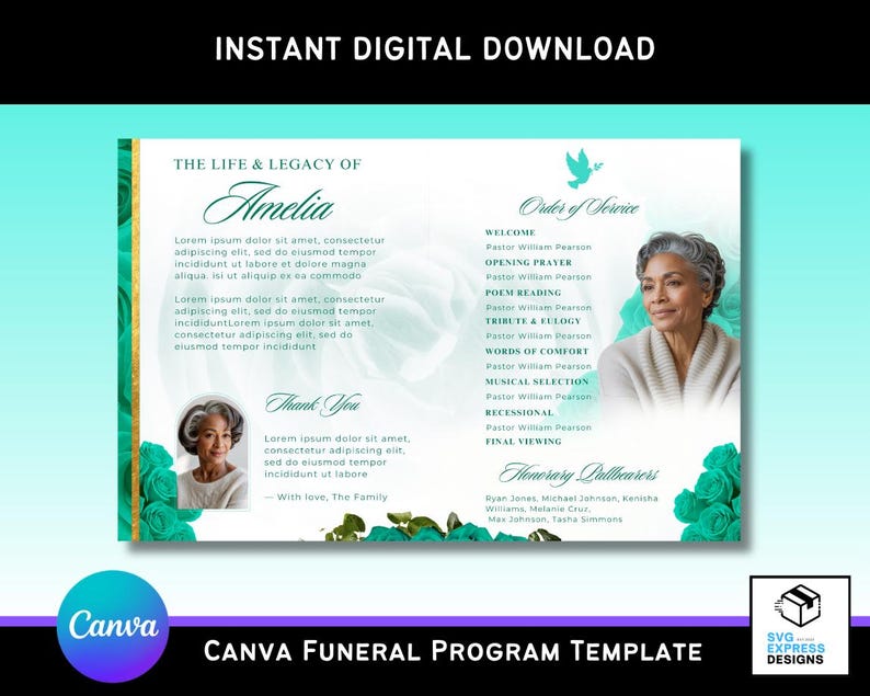 Elegant Turquoise & White Floral Funeral Program Template: Bi-fold ...