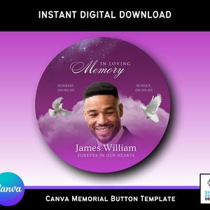 Editable Dark Purple Memorial Button Template | Canva RIP Keepsake ...