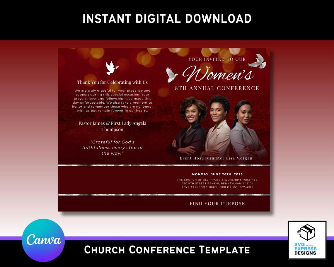 Crimson Rose Church Conference Program Template: Editable Bi-fold ...