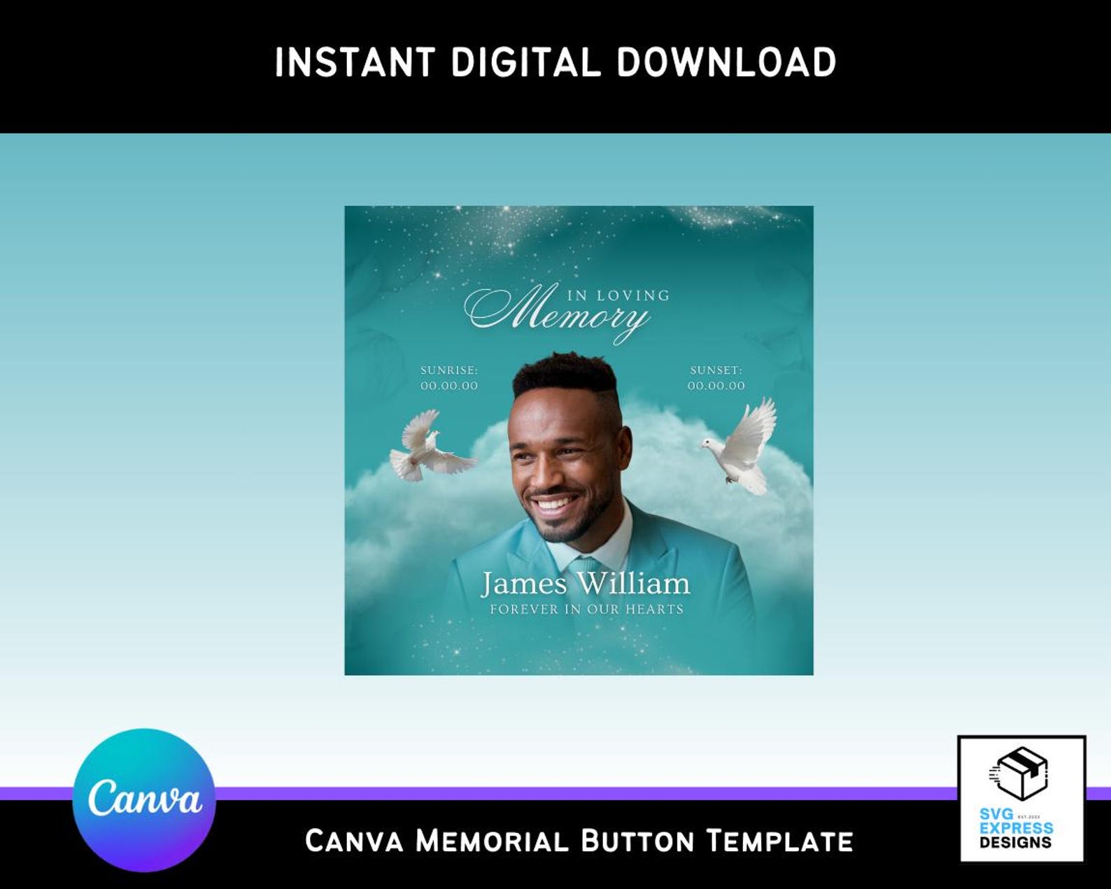 Editable Turquoise Memorial Button Template | Canva RIP Keepsake | 3x3 ...
