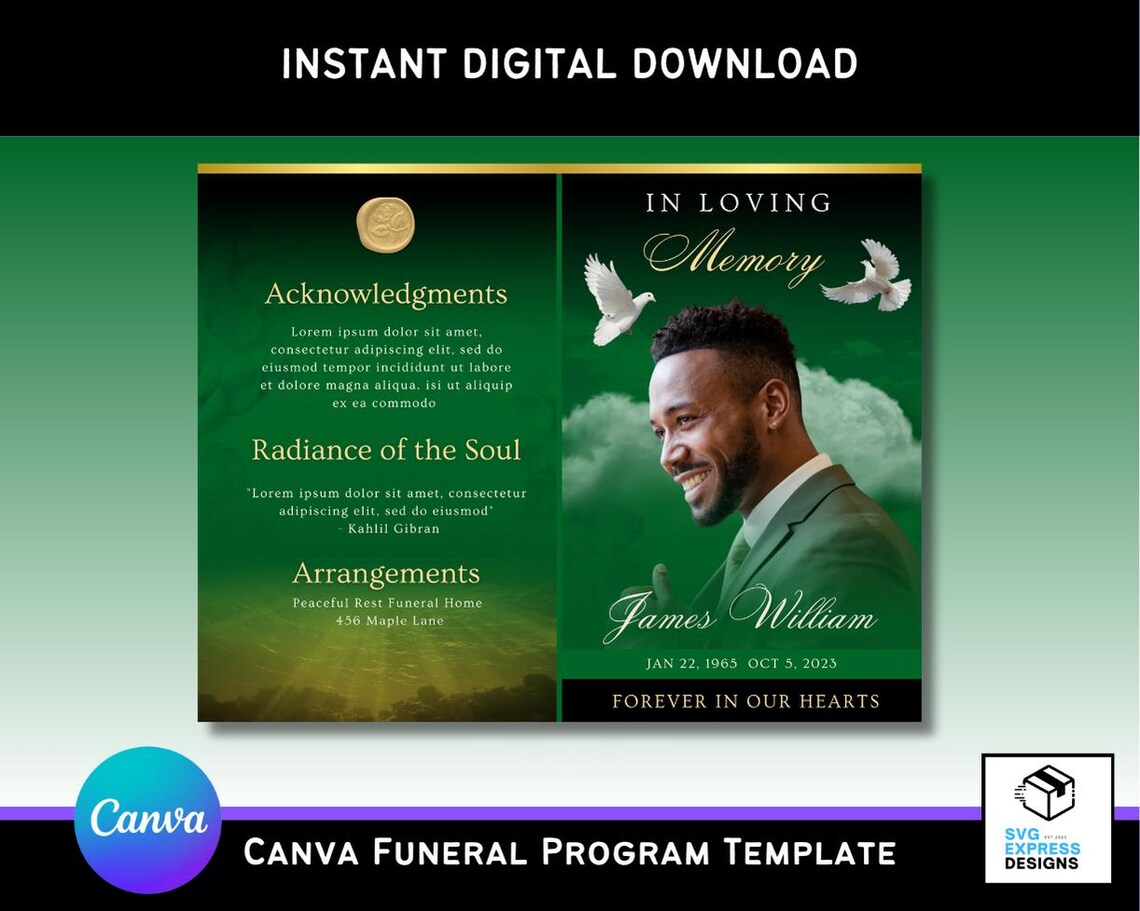 Green & Black Canva Funeral Program Template – Elegant Bi-fold Brochure ...