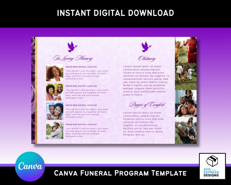 Elegant Funeral Program Template: Light Purple Flowers, Doves (17x11 In ...