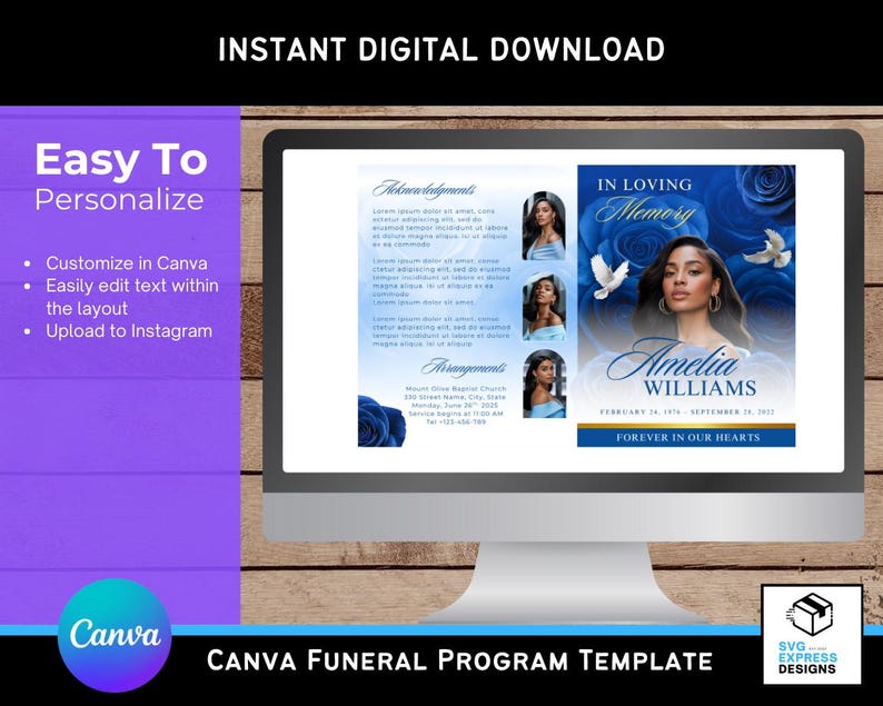 Light Blue and Gold Funeral Program Template | Canva Bi-fold Memorial ...