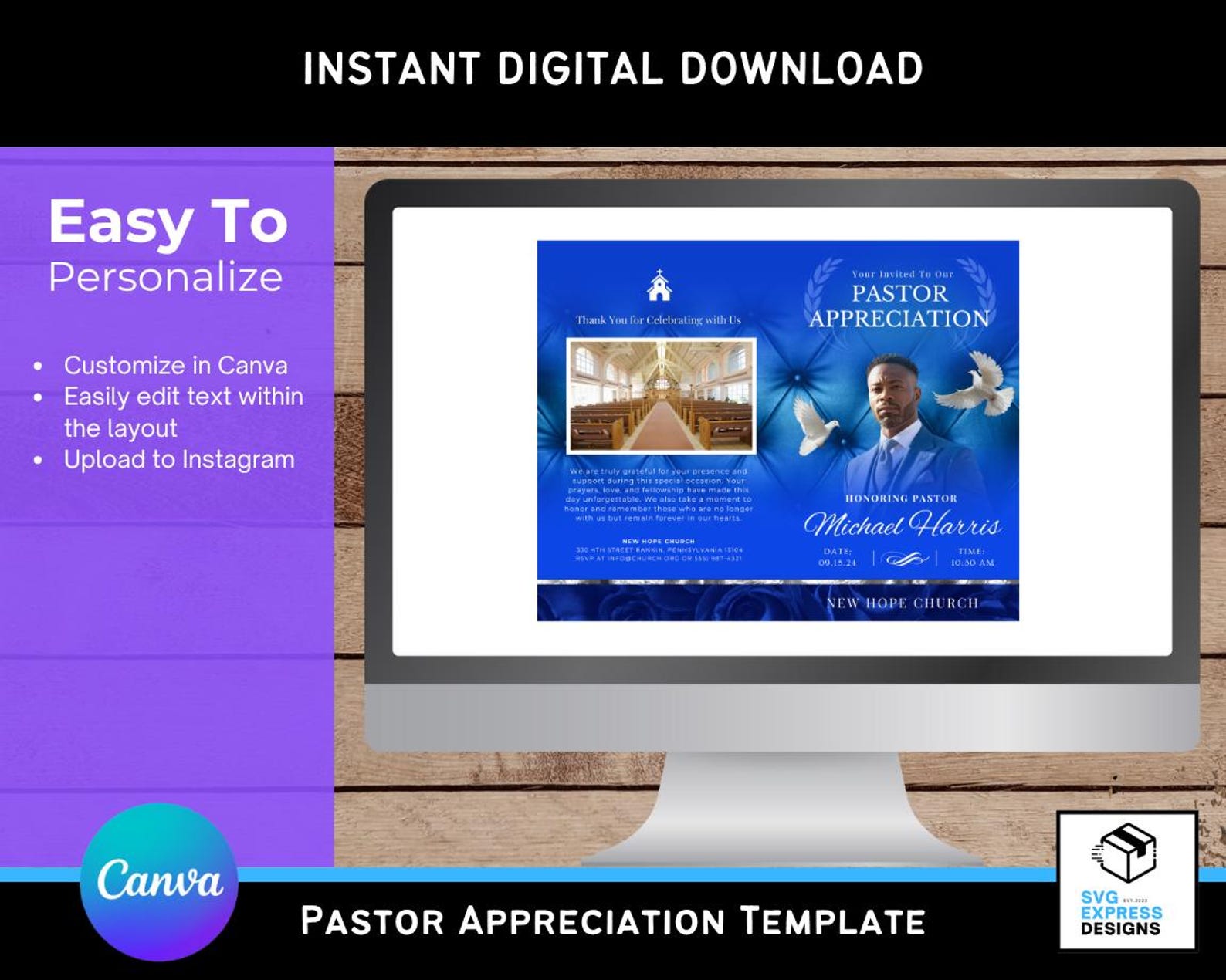 Editable Pastor Appreciation Program Template: Blue & Silver Church ...