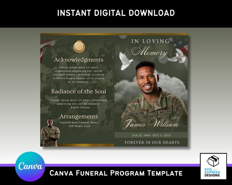 Green Camouflage Army Canva Funeral Program Template – Elegant Bi-fold ...