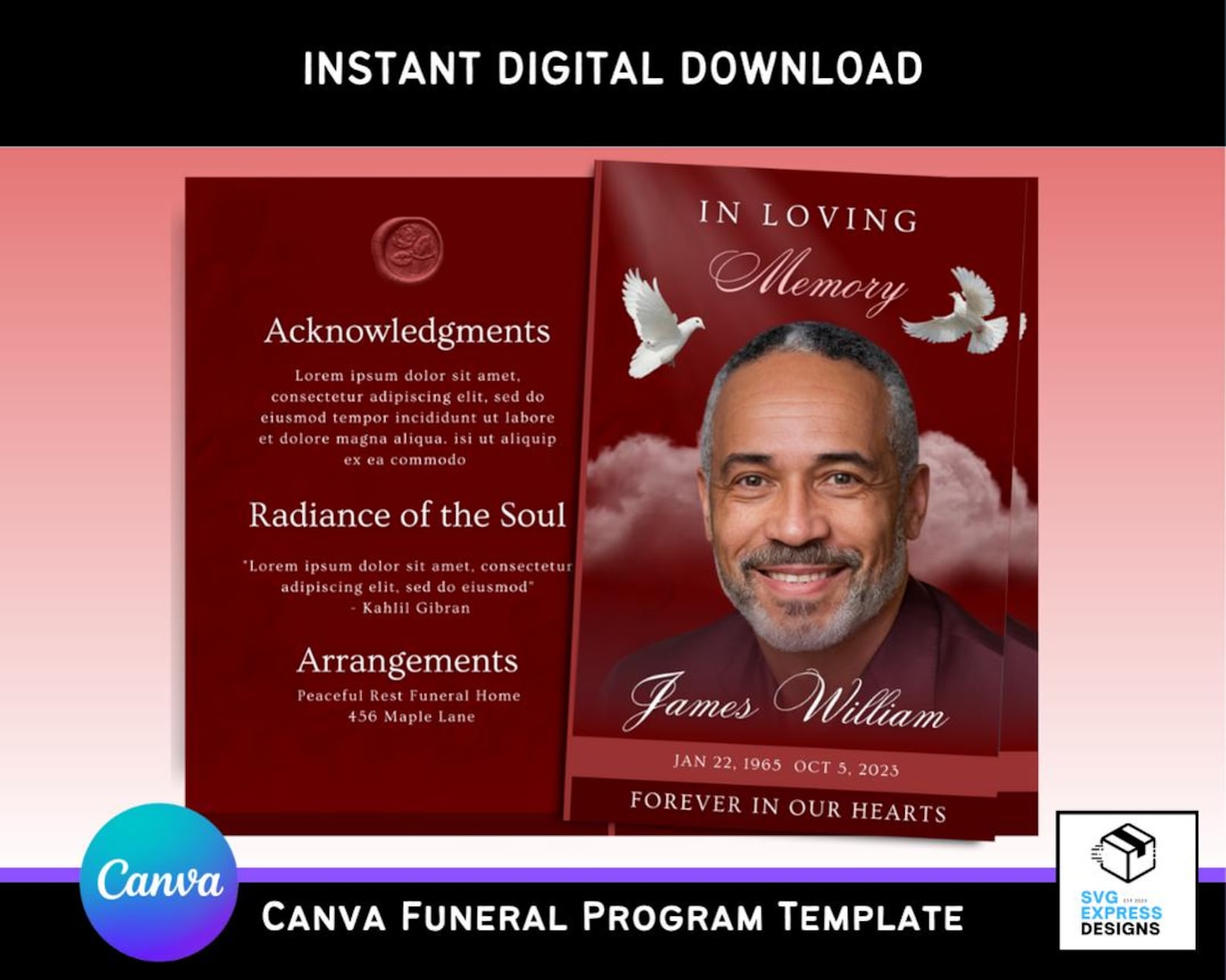 Maroon Canva Funeral Program Template – Elegant Bi-fold Brochure (11x8 ...