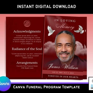 Maroon Canva Funeral Program Template – Elegant Bi-fold Brochure (11x8 ...