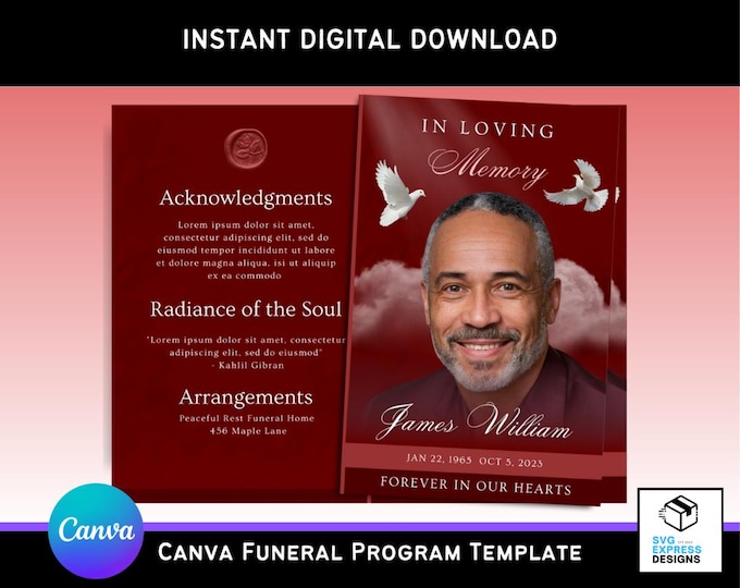 Maroon Canva Funeral Program Template – Elegant Bi-fold Brochure (11x8 ...