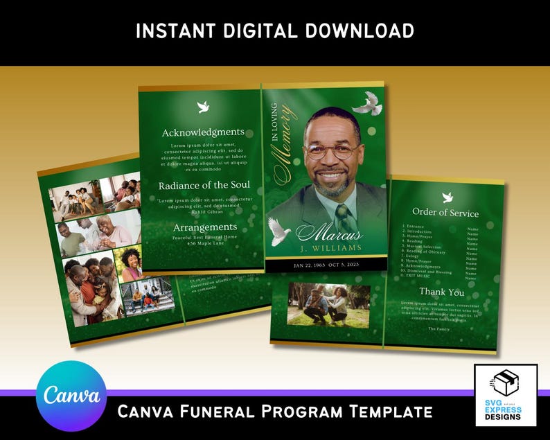 Emerald Green Canva Funeral Program Template - Classic Green Roses Bi ...