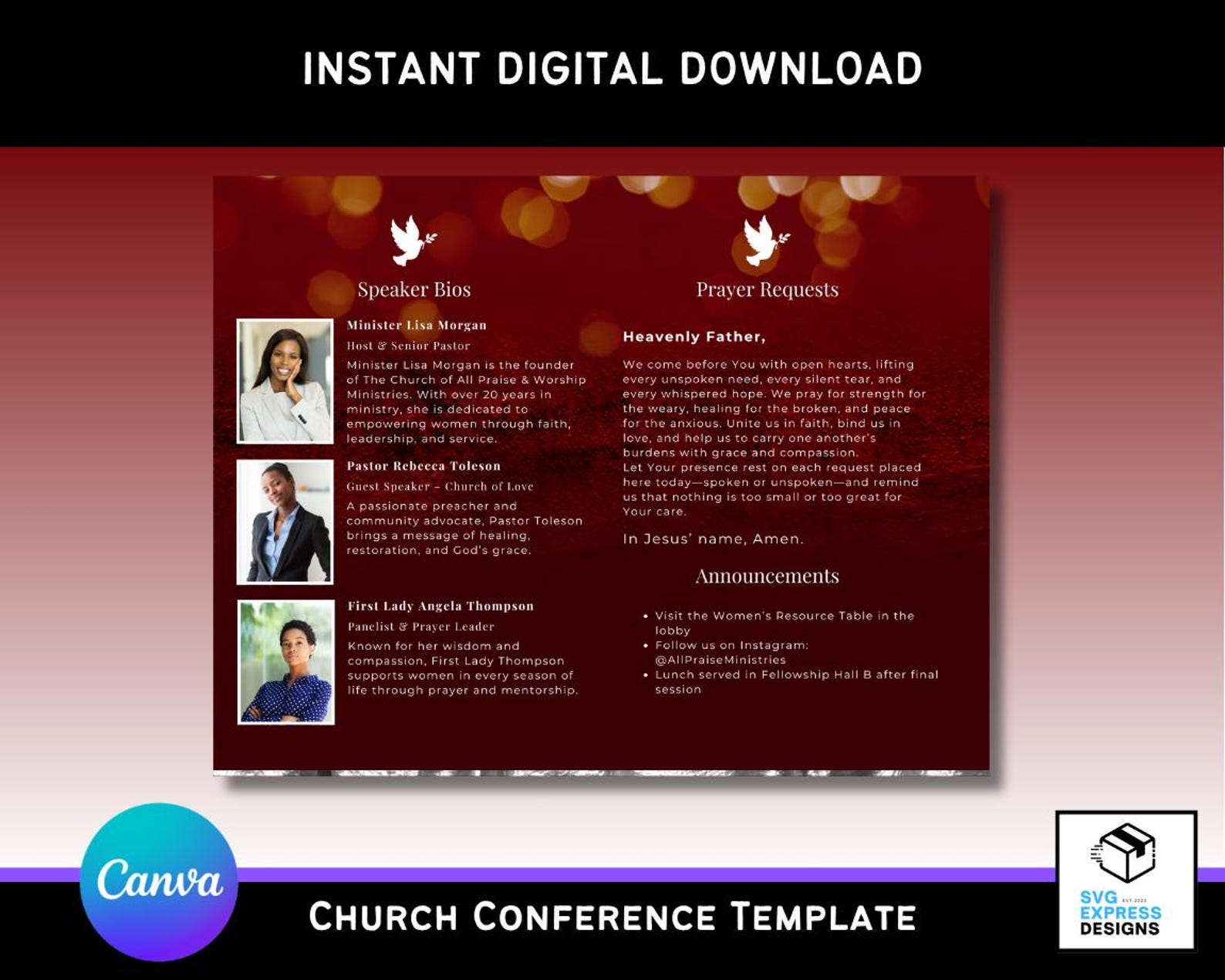 Crimson Rose Church Conference Program Template: Editable Bi-fold ...