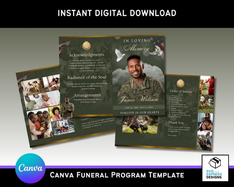 Green Camouflage Army Canva Funeral Program Template – Elegant Bi-fold ...