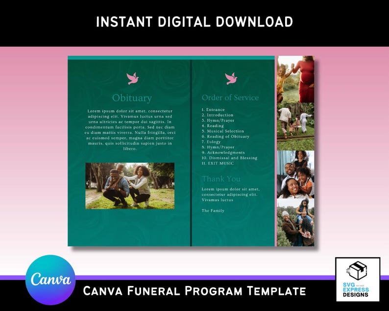 Ivory Green and Pink Canva Funeral Program Template – Elegant Bi-fold ...