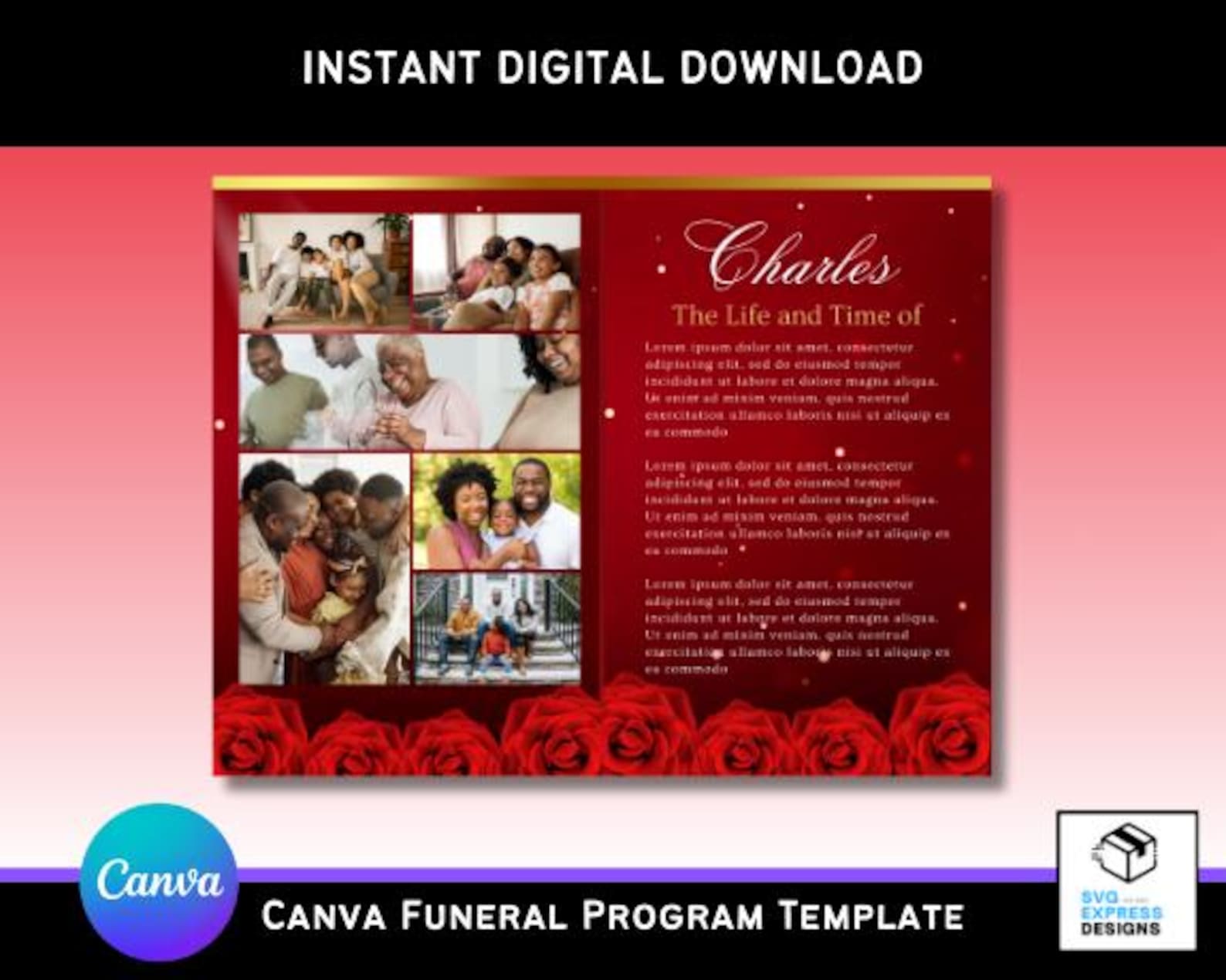 Classic Red Roses Canva Funeral Program Template – Red & Black Bi-fold ...