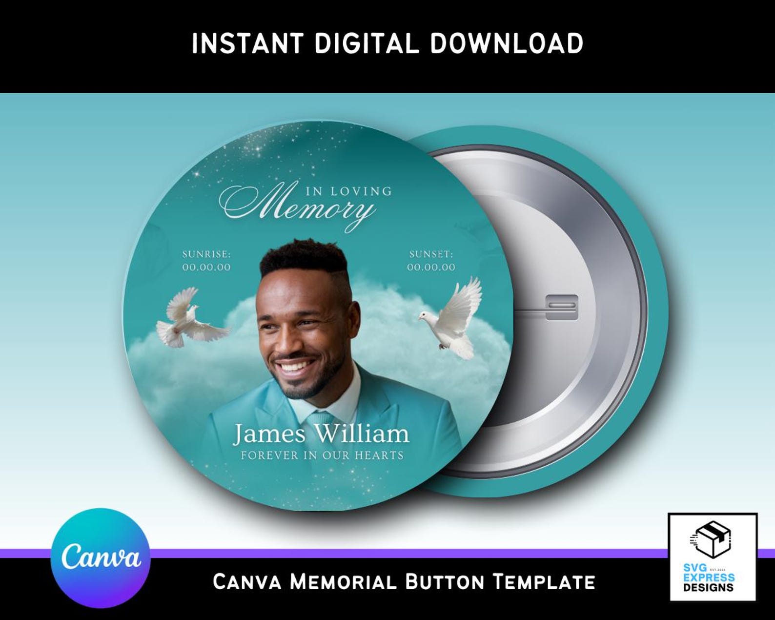 Editable Turquoise Memorial Button Template | Canva RIP Keepsake | 3x3 ...