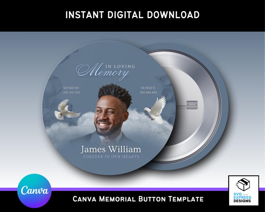 Editable Slate Gray Memorial Button Template | Canva RIP Keepsake | 3x3 ...