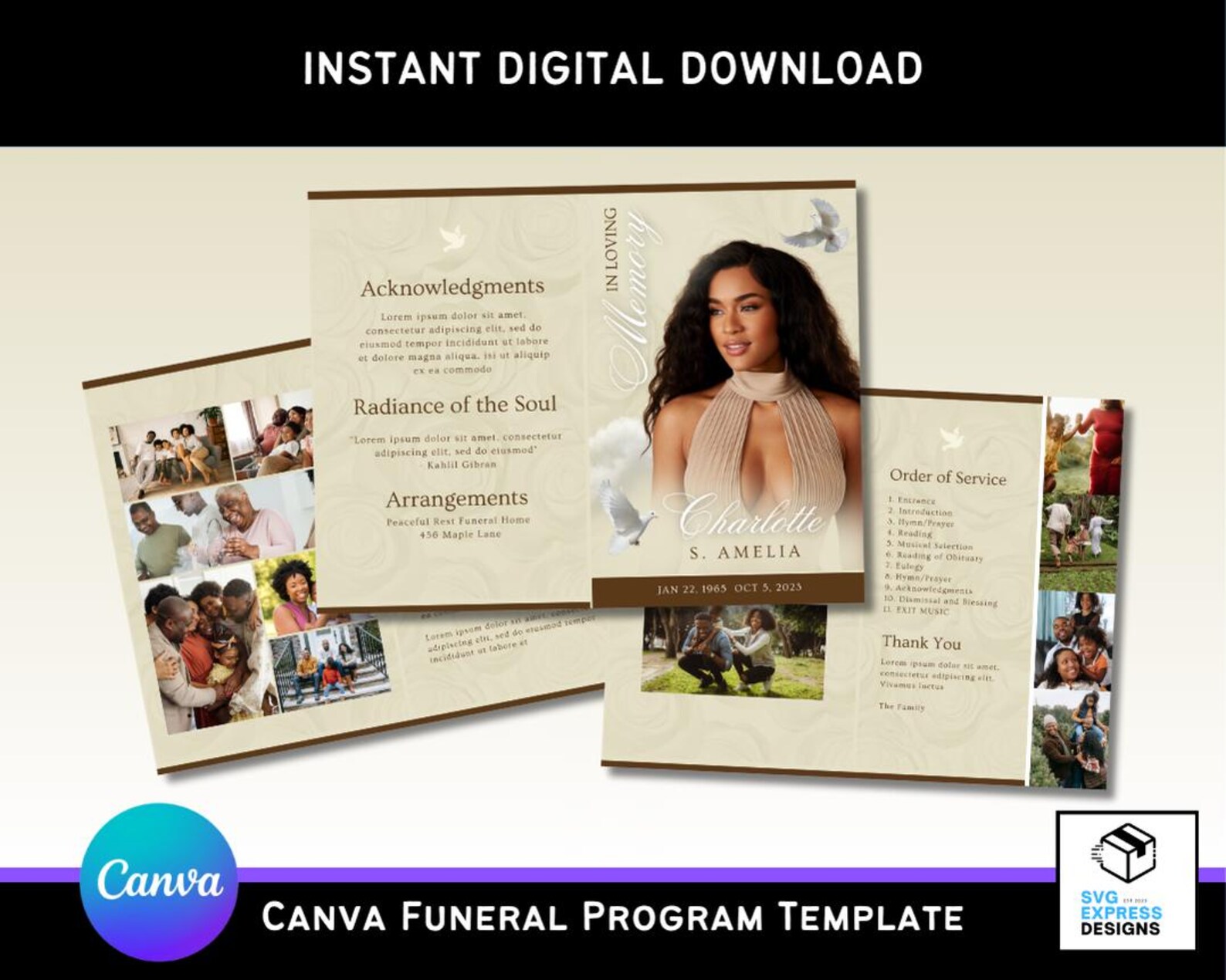 Beige Canva Funeral Program Template – Elegant Bi-fold Brochure (11x8.5 ...