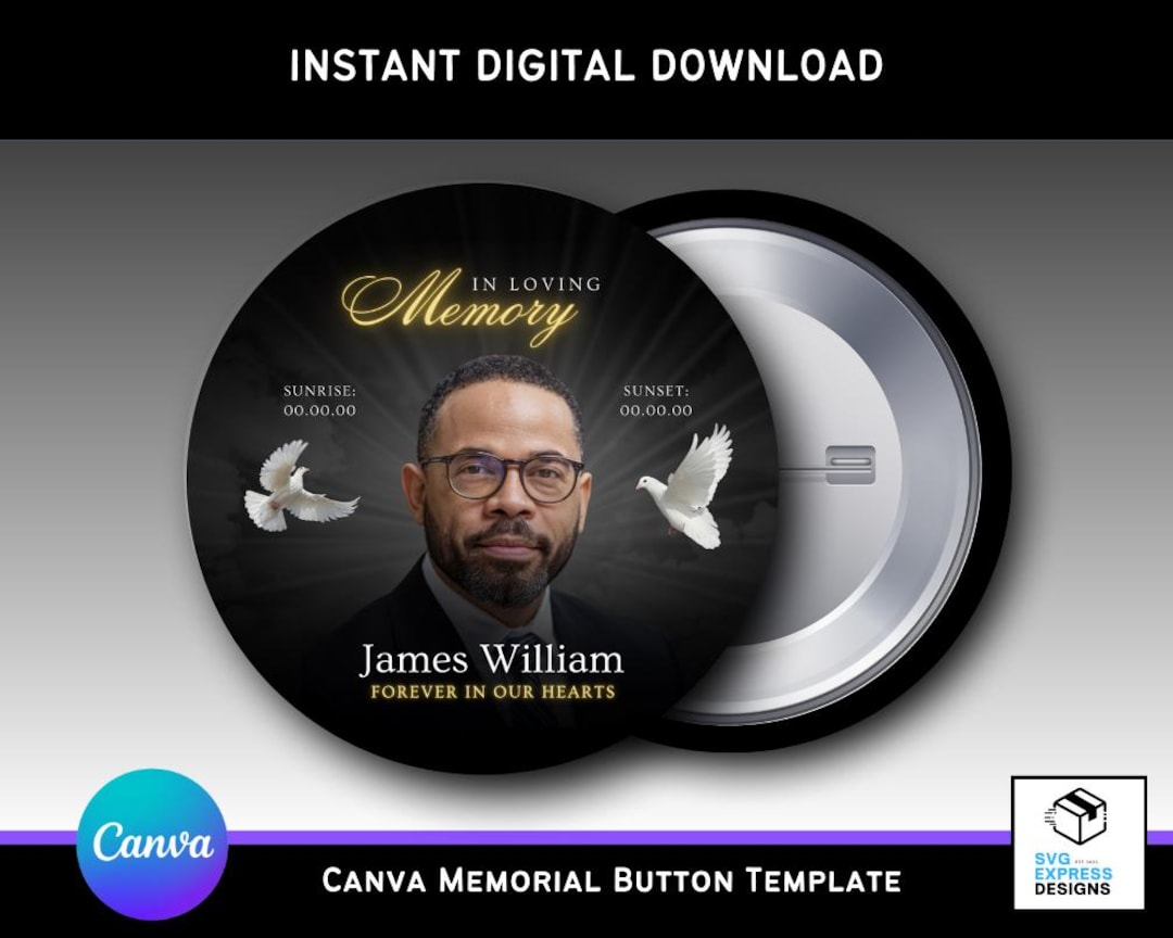 Editable Classic Black & Gold Memorial Button Template | Canva RIP ...