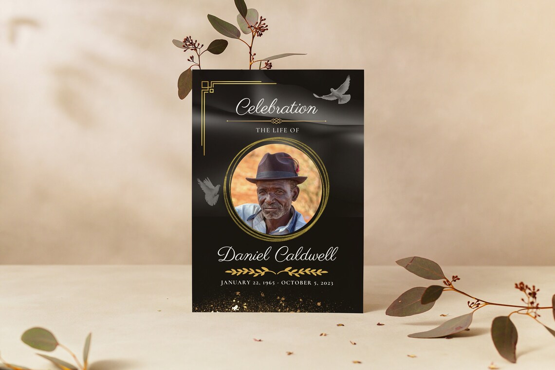 Editable Canva Funeral Program Template, Black and Gold Memorial ...