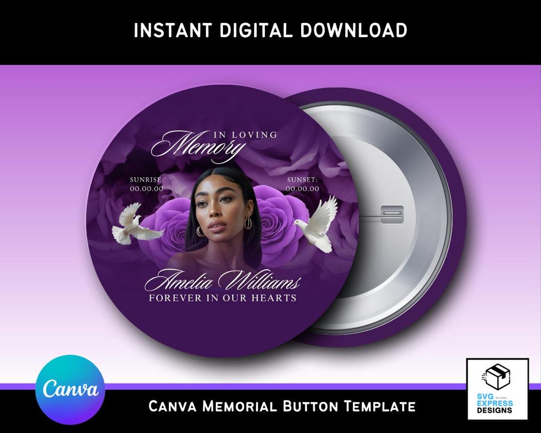 Dark Purple Floral Memorial Button Template: Canva RIP Keepsake ...