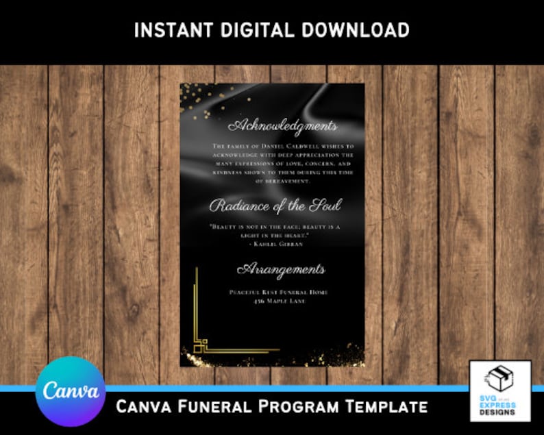 Editable Canva Funeral Program Template, Black and Gold Memorial ...
