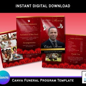 Classic Red Roses Canva Funeral Program Template – Red & Black Bi-fold ...