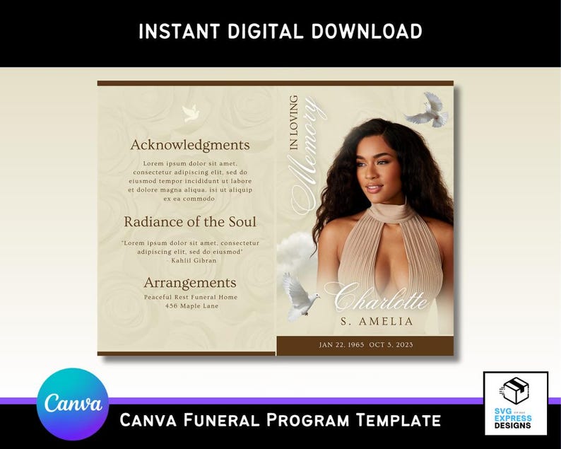 Beige Canva Funeral Program Template – Elegant Bi-fold Brochure (11x8.5 ...