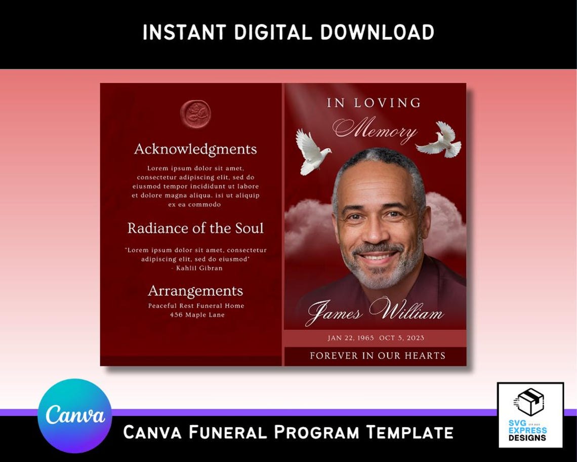 Maroon Canva Funeral Program Template – Elegant Bi-fold Brochure (11x8 ...