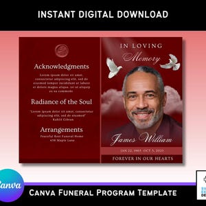 Maroon Canva Funeral Program Template – Elegant Bi-fold Brochure (11x8 ...