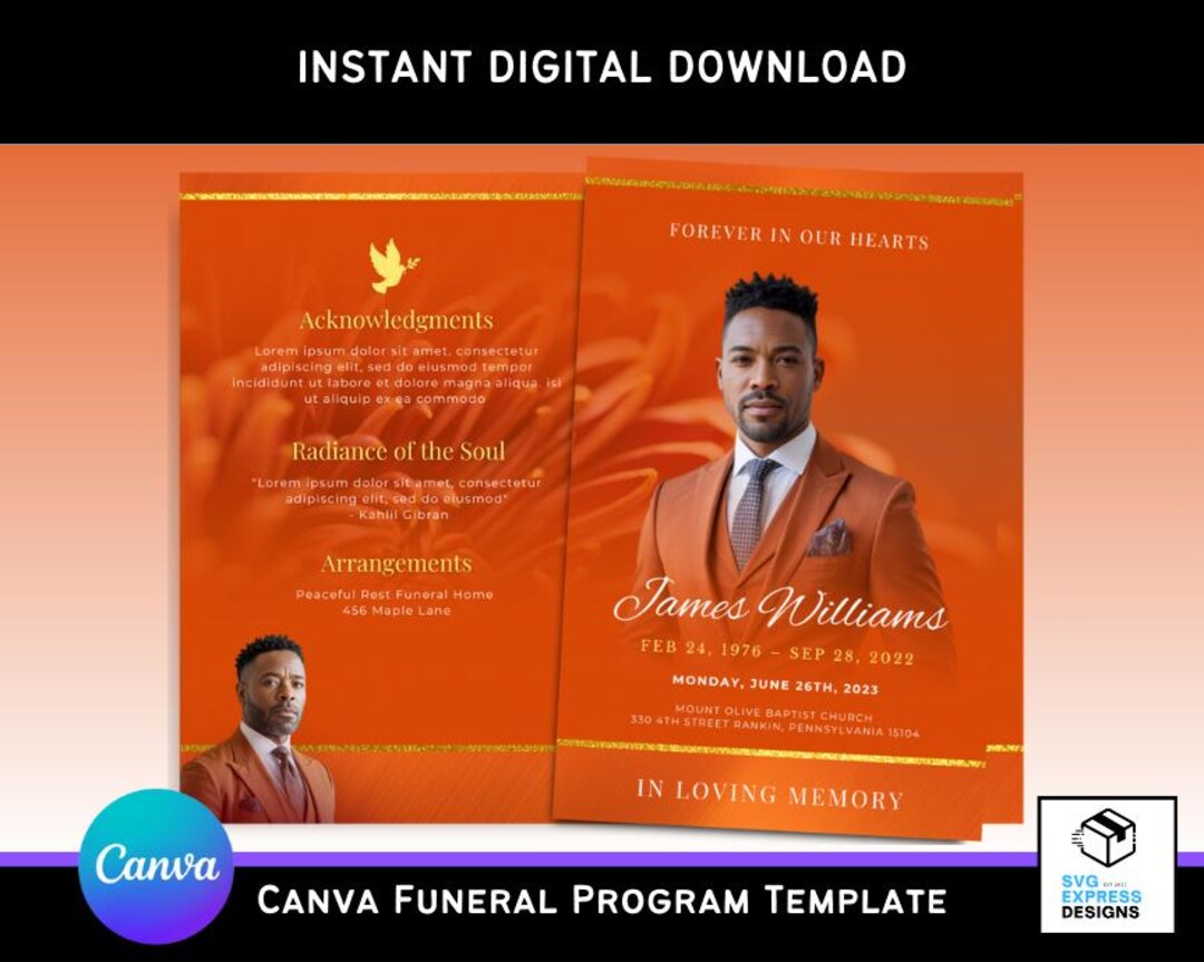 Burnt Orange Canva Funeral Program Template – Elegant Bi-fold Brochure ...