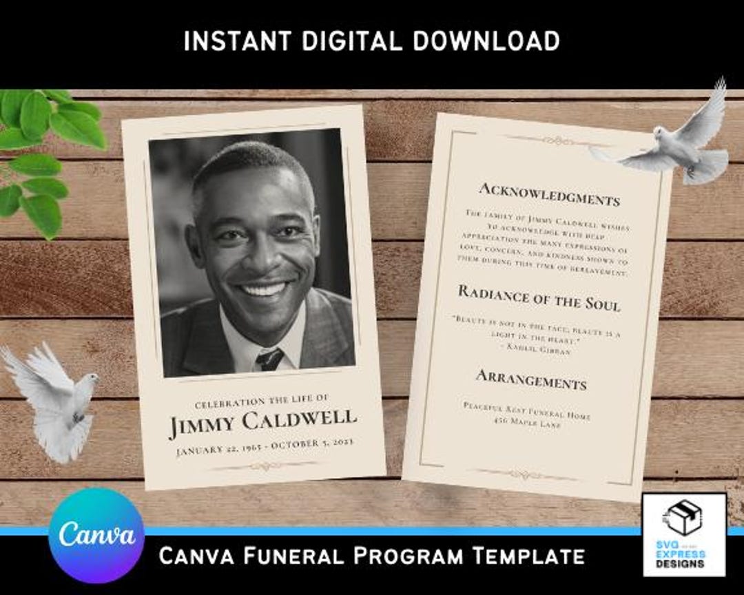 Canva Funeral Program Template - Classic Tan & Brown Bi-fold Brochure ...