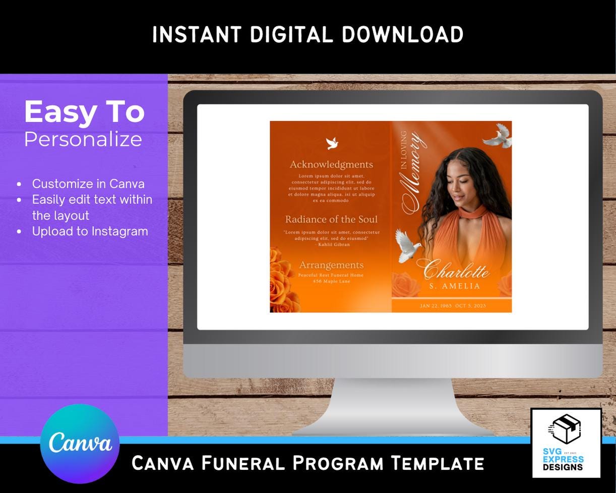 Orange Canva Funeral Program Template – Elegant Bi-fold Brochure (11x8 ...