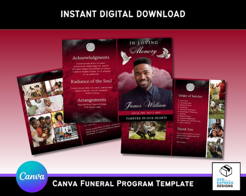 Elegant Black & Red Funeral Program Template: Bi-fold Obituary (digital ...