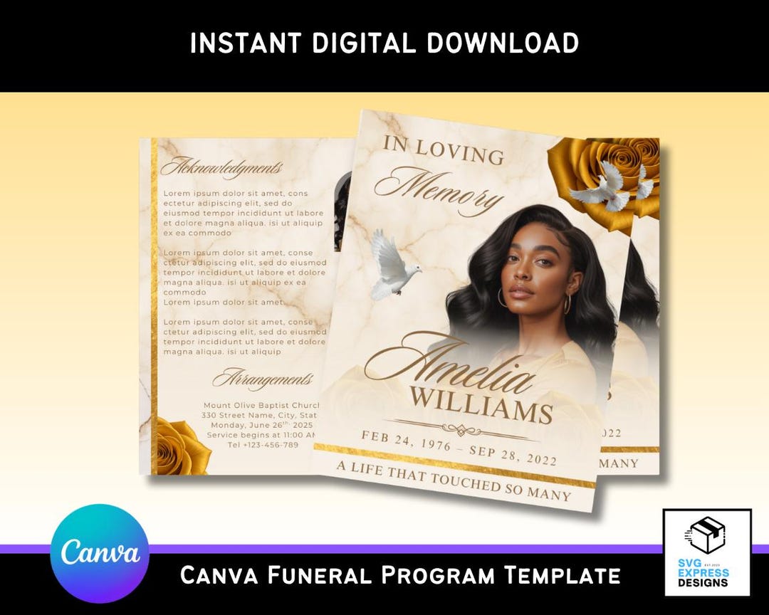 Elegant Floral Funeral Program Template – Beige & Gold (canva, 17x11 Bi ...