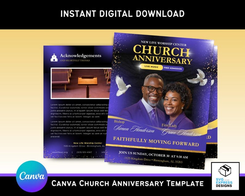 Purple Gold Church Anniversary Program: 17x11 Canva Template (digital ...