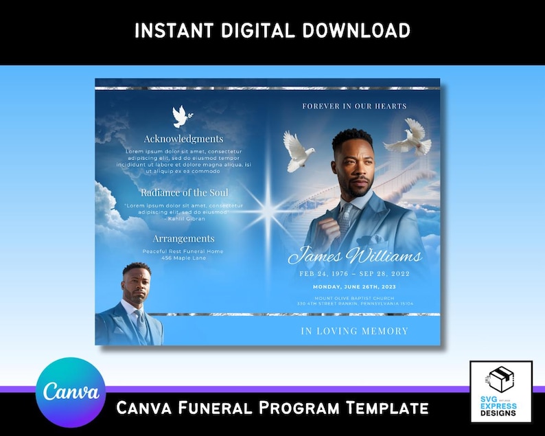 Funeral Program Template Sky Blue Stairway to Heaven – Bi-fold Canva ...