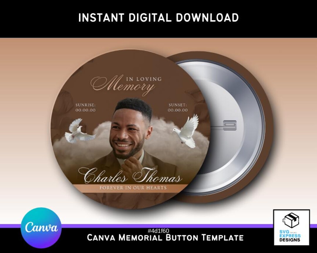 Editable Brown Memorial Button Template | Canva RIP Keepsake | 3x3 ...